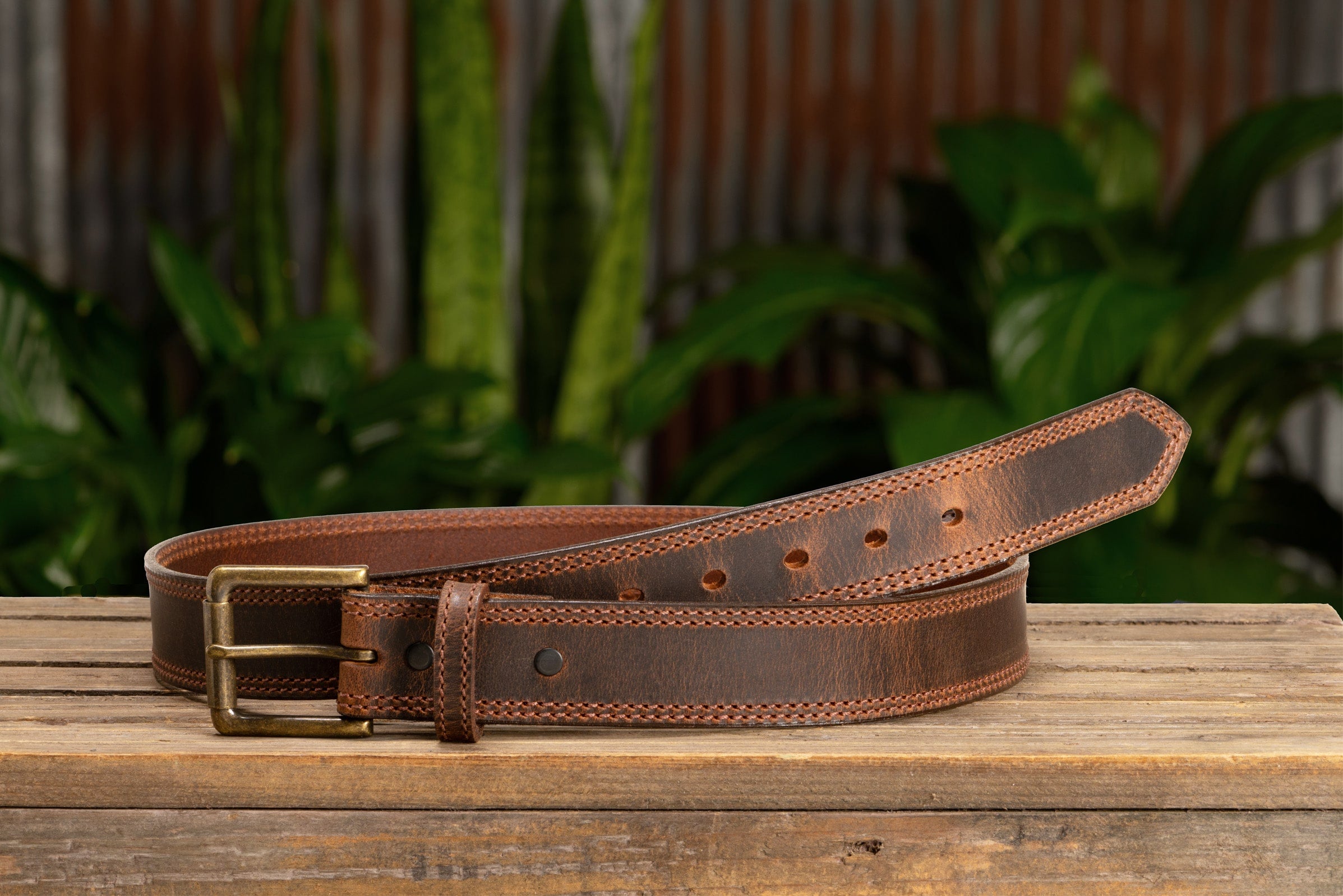 The Crazy Horse: Men's Rustic Brown Double Stitched Leather Belt 1.50 ...