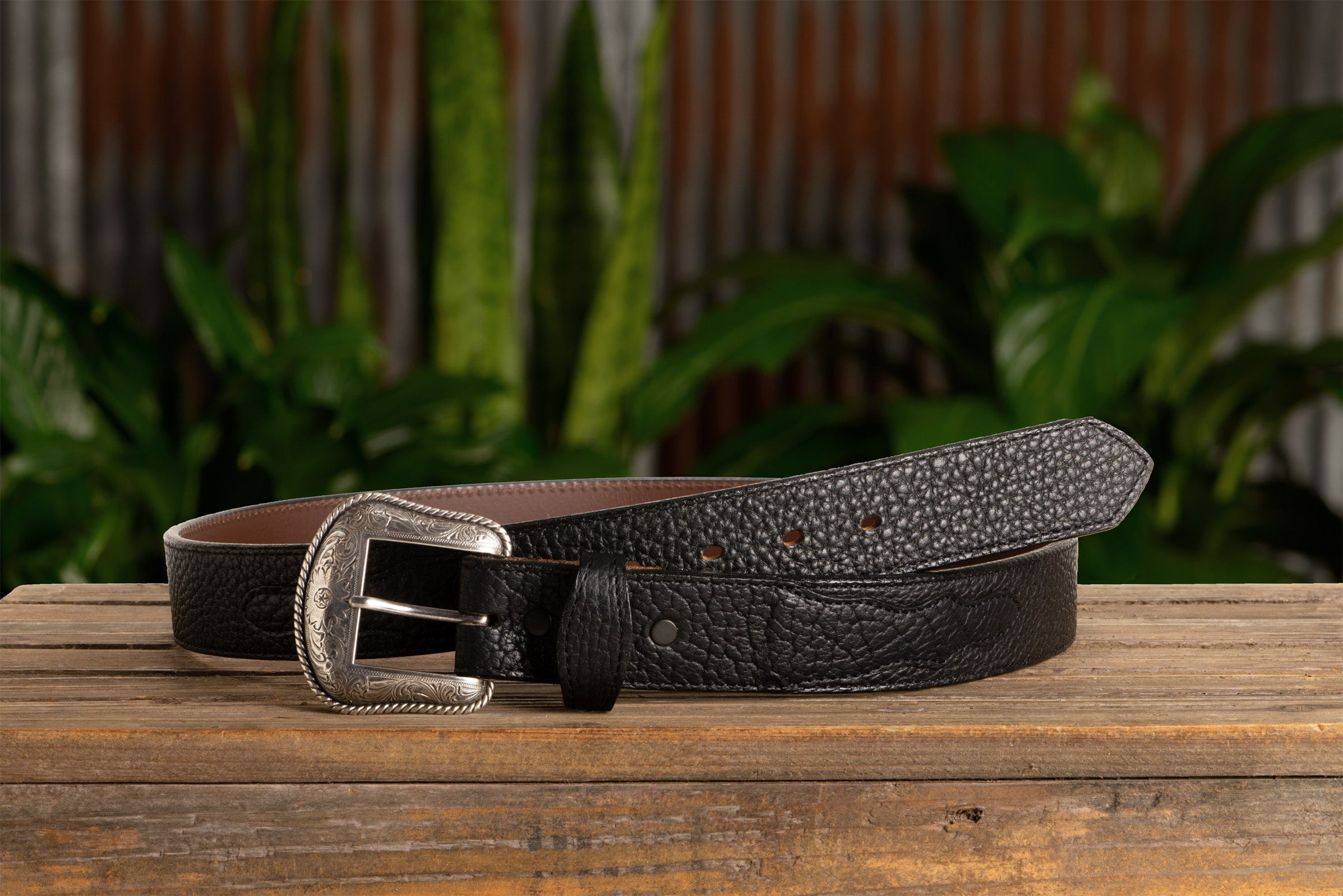 Black Shrunken Bison Western Belt with Scalloped Tabs - Unique Rugged
