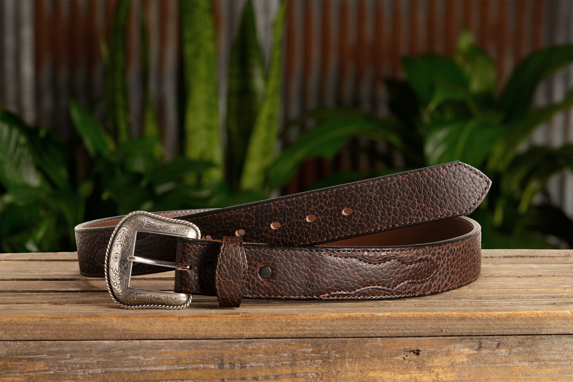 Brown Shrunken Bison Western Belt with Scalloped Tabs - Unique & Rugged
