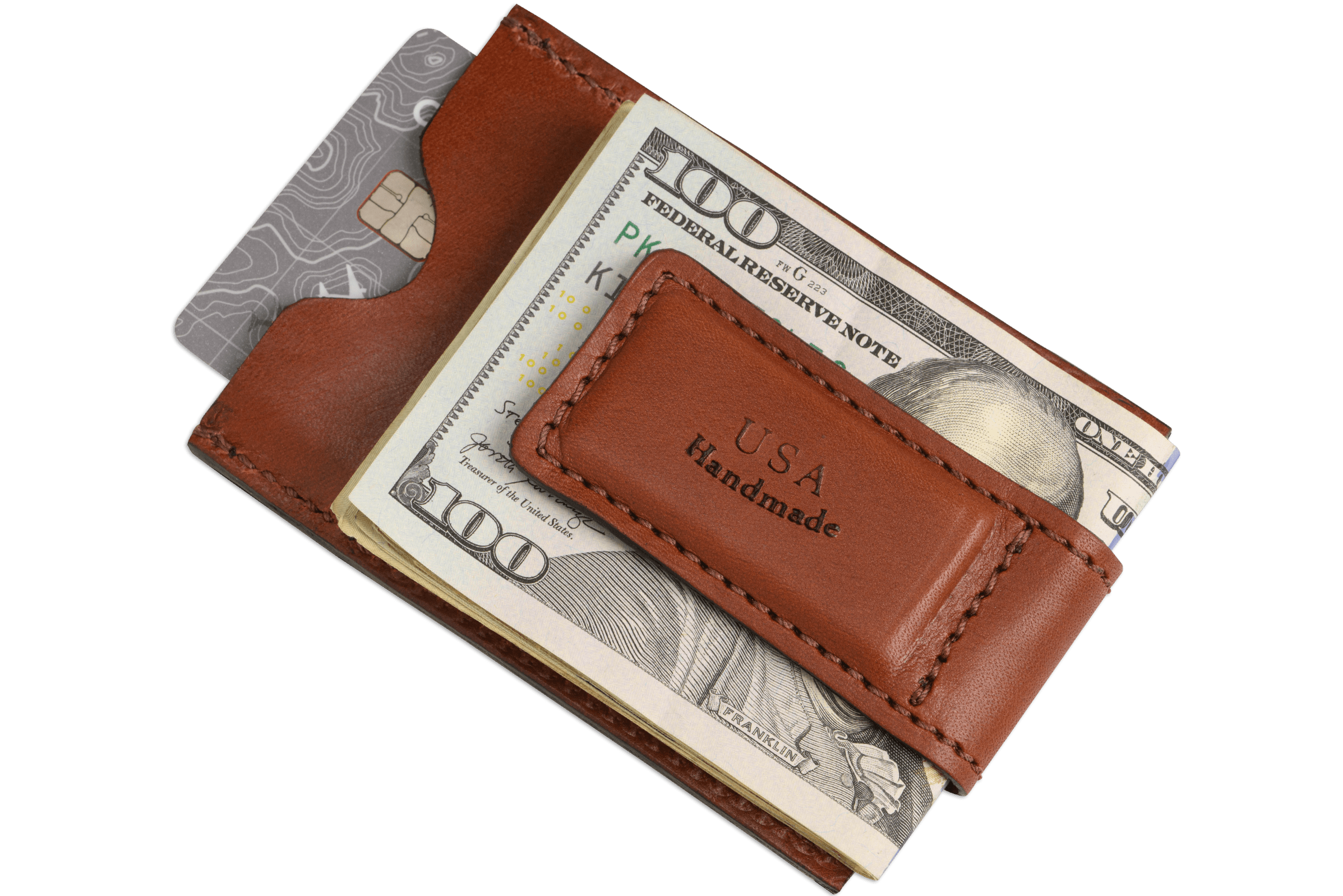 Premium Medium Brown Leather ID Wallet Money Clip- Handcrafted in USA ...