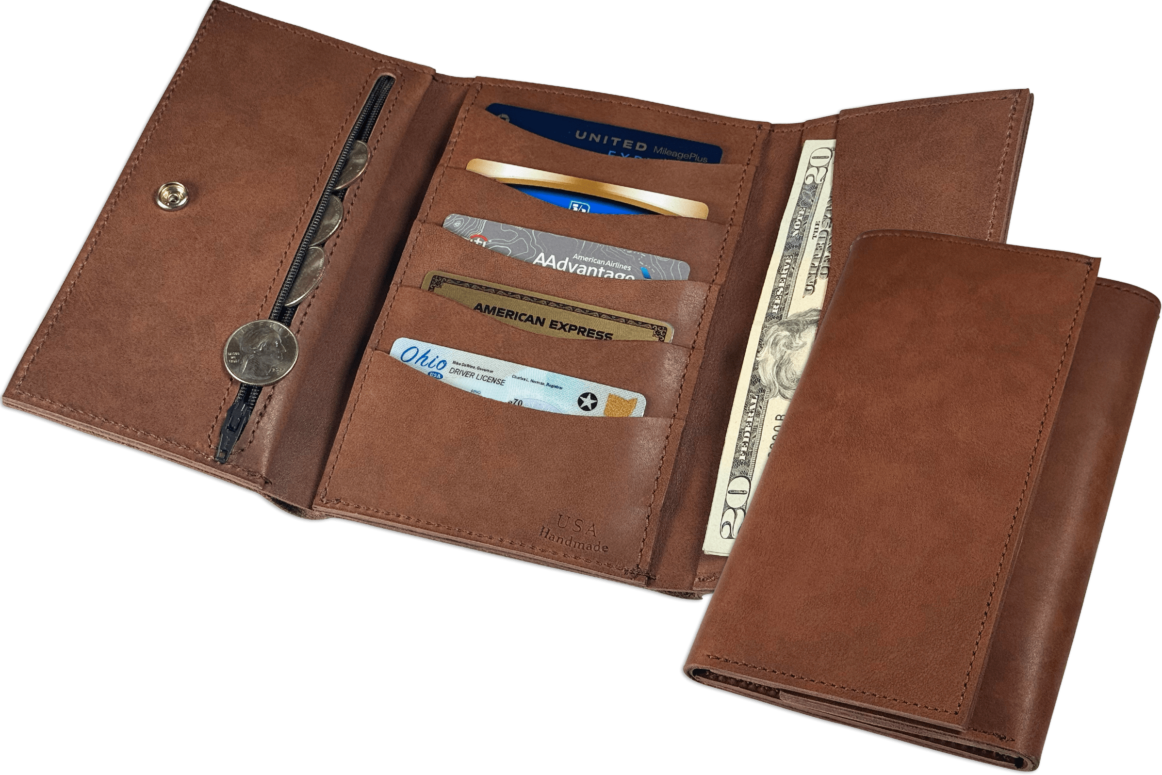 Taos Brown MEGA Trifold Leather Wallet With Zipper Compartment (Large