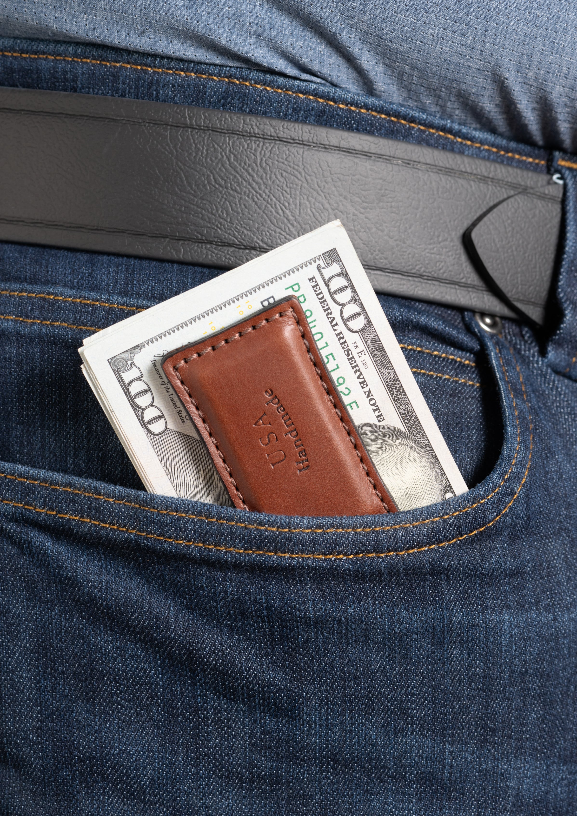 Premium Medium Brown Leather Magnetic Money Clip - Handcrafted in USA