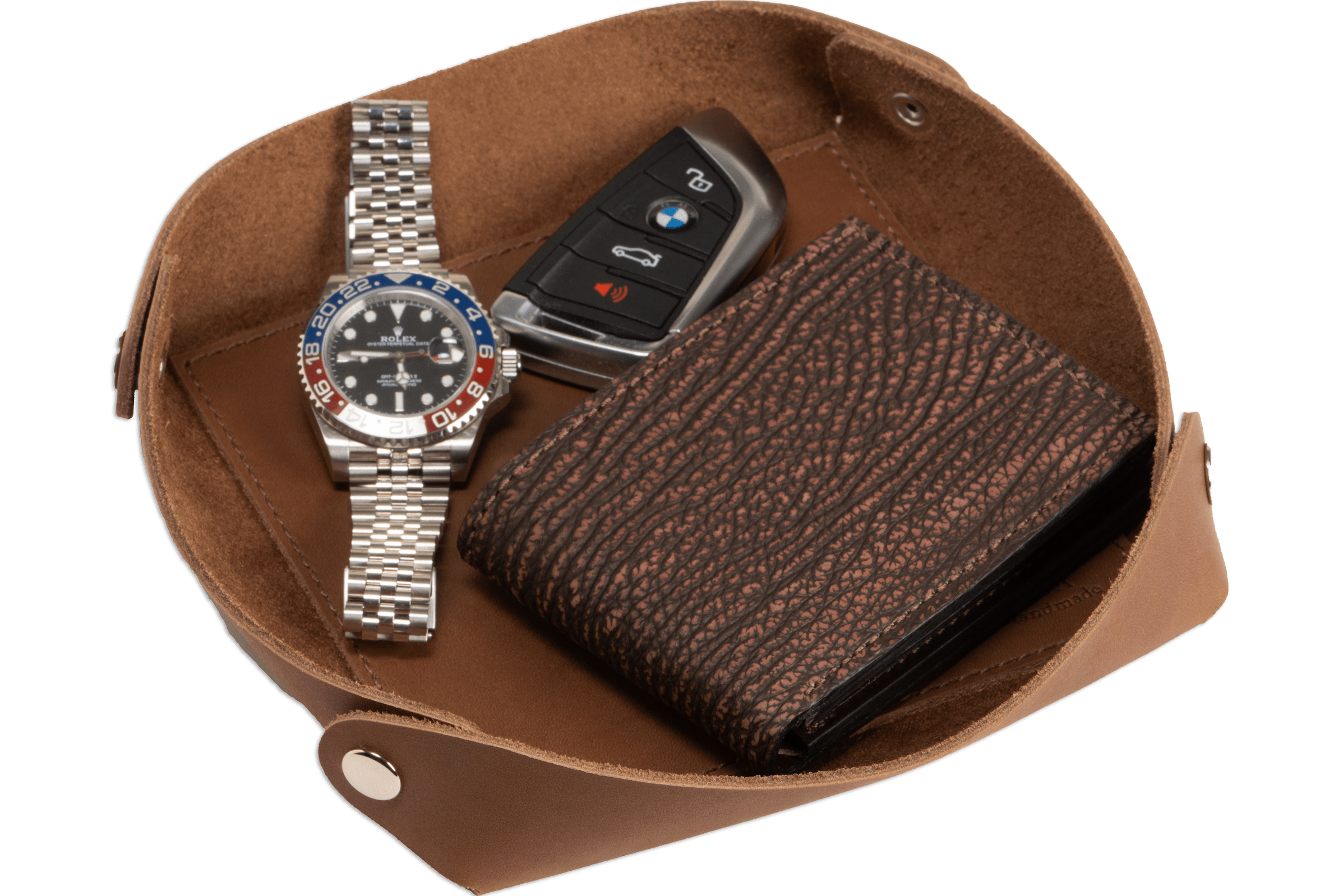 Taos Brown Leather Travel Valet Storage Tray Folds Flat– AmishMadeBelts.com