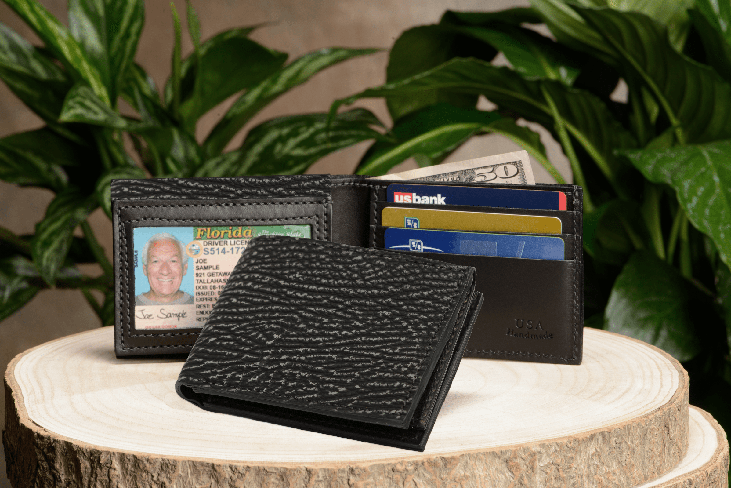 Black Suede Shark Luxury Designer Exotic Bifold Wallet With Flip Up ID