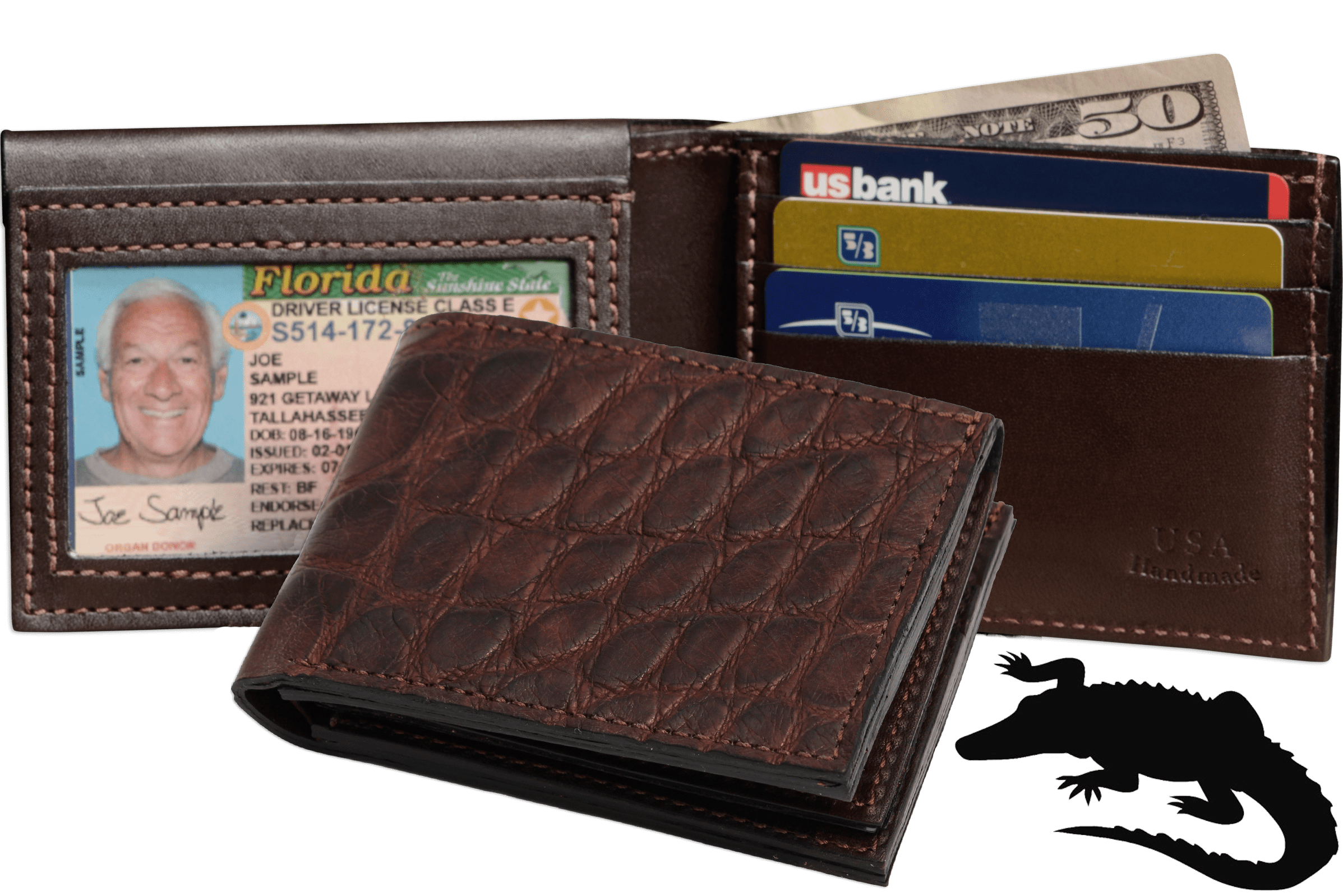 Brown Alligator Luxury Designer Exotic Bifold Wallet With Flip Up ID W