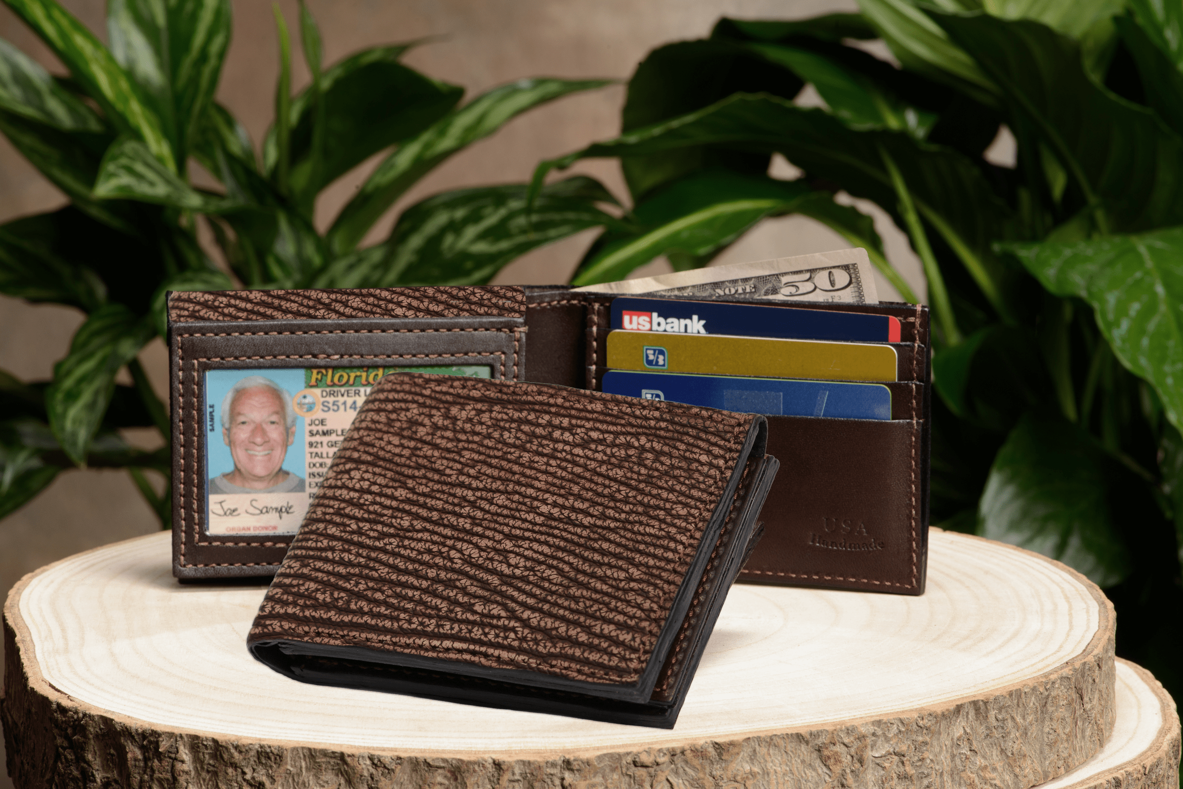 Brown Suede Shark Luxury Designer Exotic Bifold Wallet With Flip Up ID