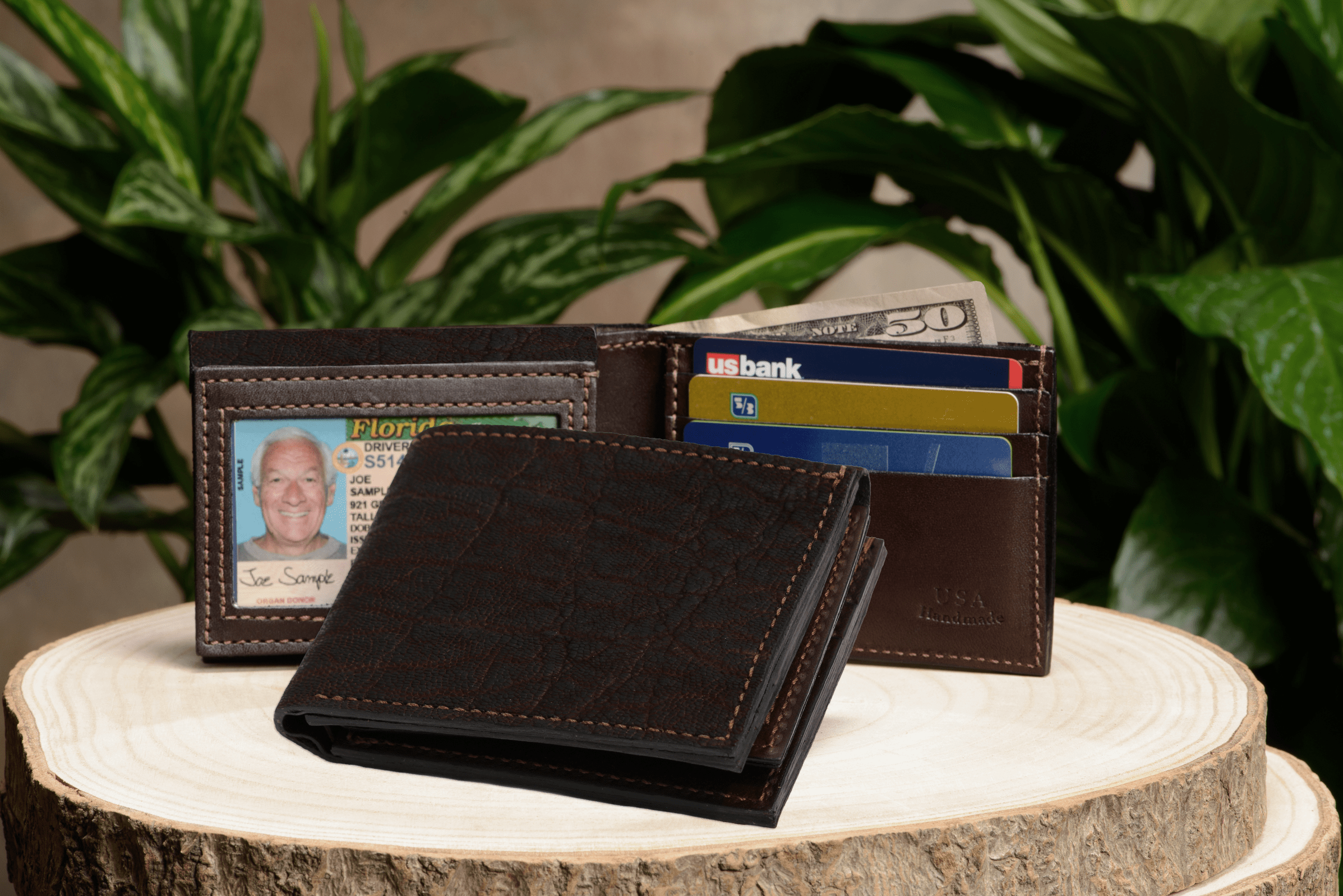 Dark Brown Elephant Luxury Designer Exotic Bifold Wallet With Flip Up