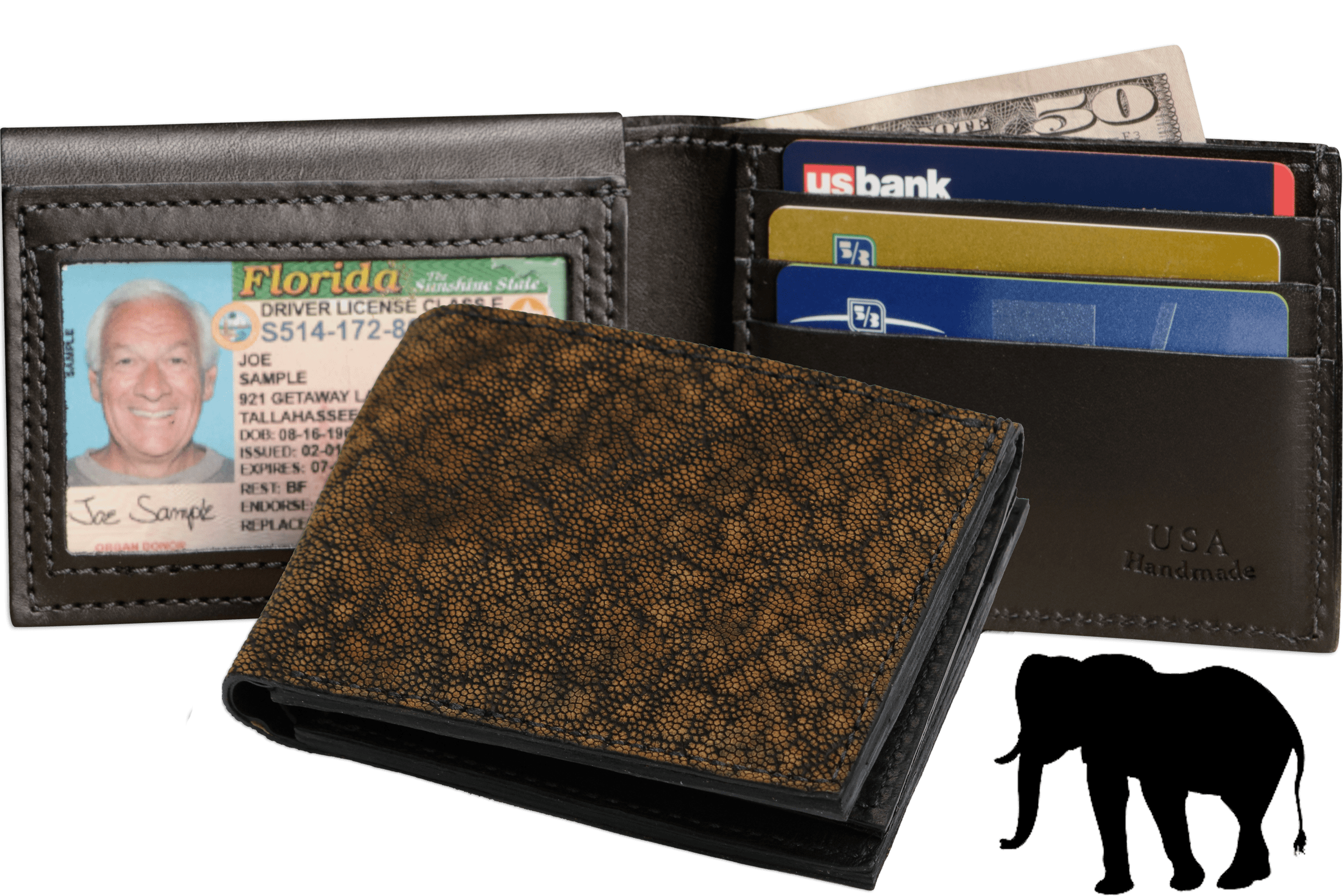 Tree Bark Elephant Luxury Designer Exotic Bifold Wallet With Flip Up I