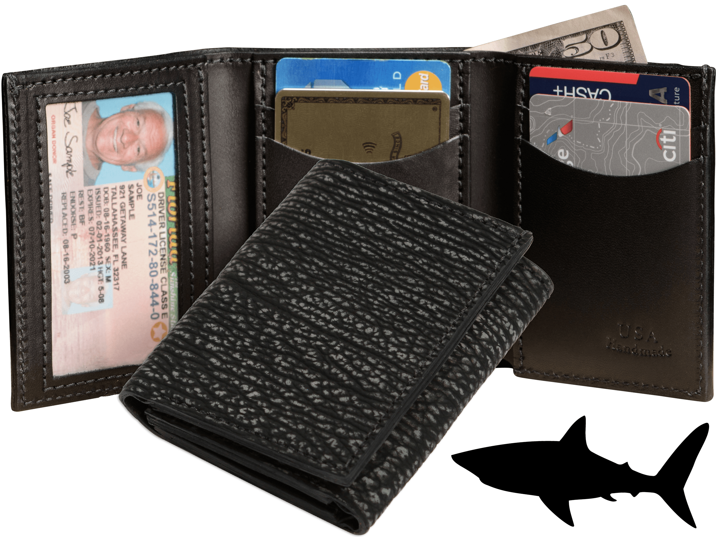 Black Suede Shark Luxury Designer Exotic Trifold Wallet With ID Window