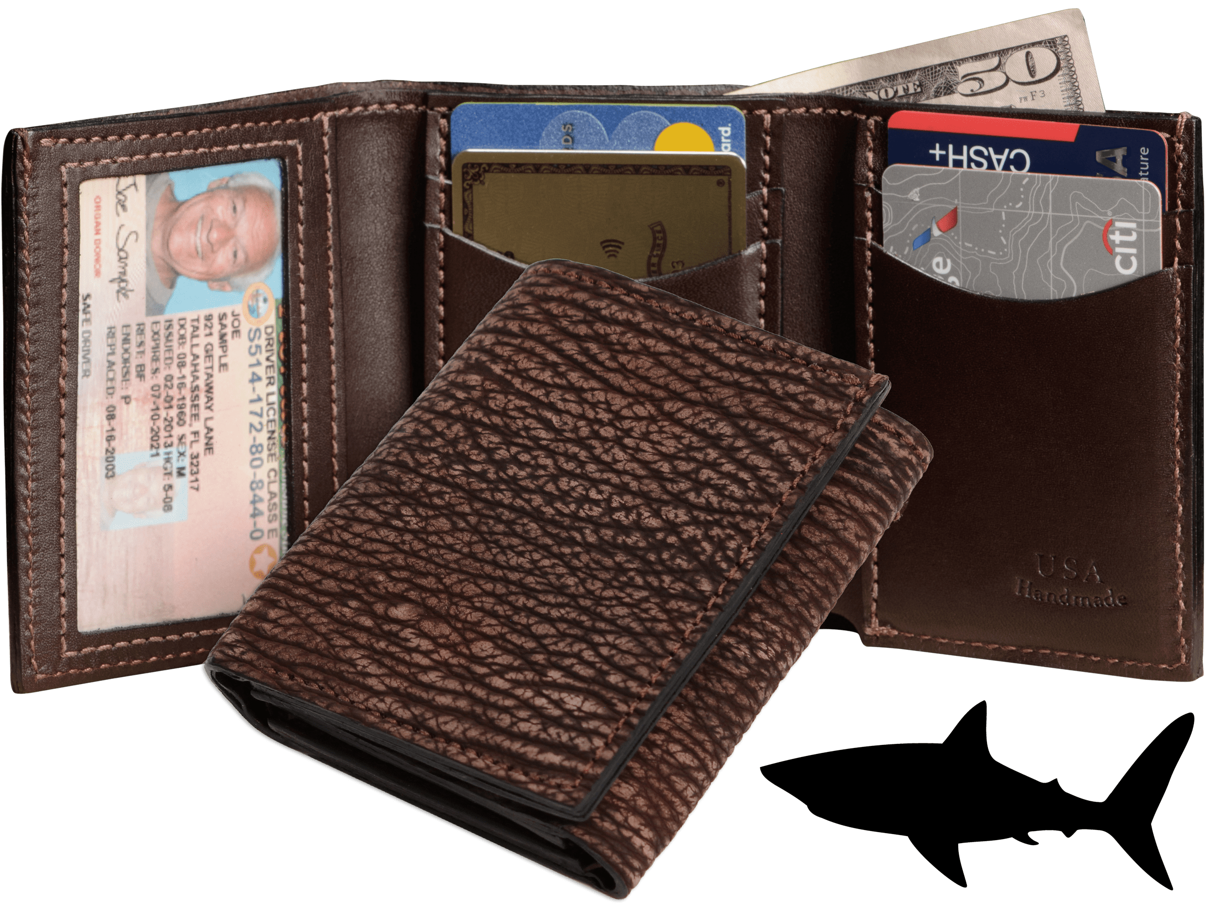 Brown Suede Shark Luxury Designer Exotic Trifold Wallet With ID Window