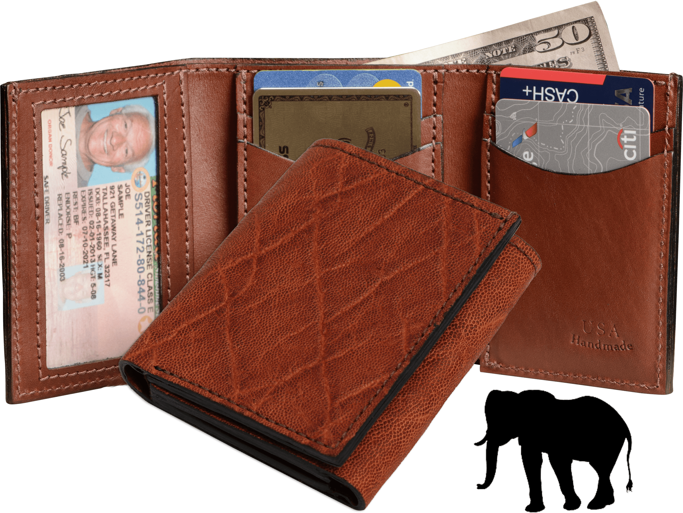 Caramel Brown Elephant Luxury Designer Exotic Trifold Wallet With ID W
