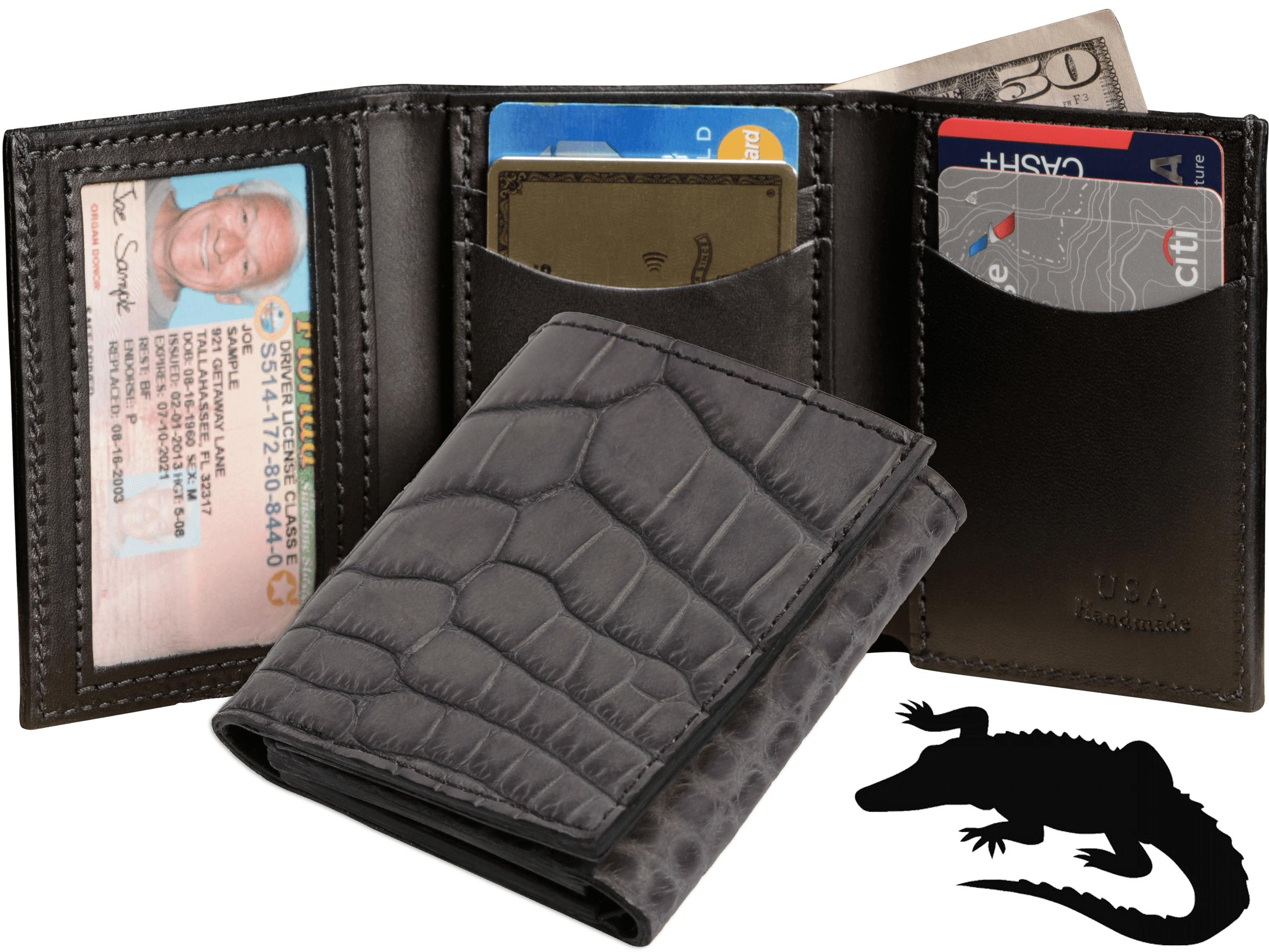 Gray Alligator Luxury Designer Exotic Trifold Wallet With ID Window