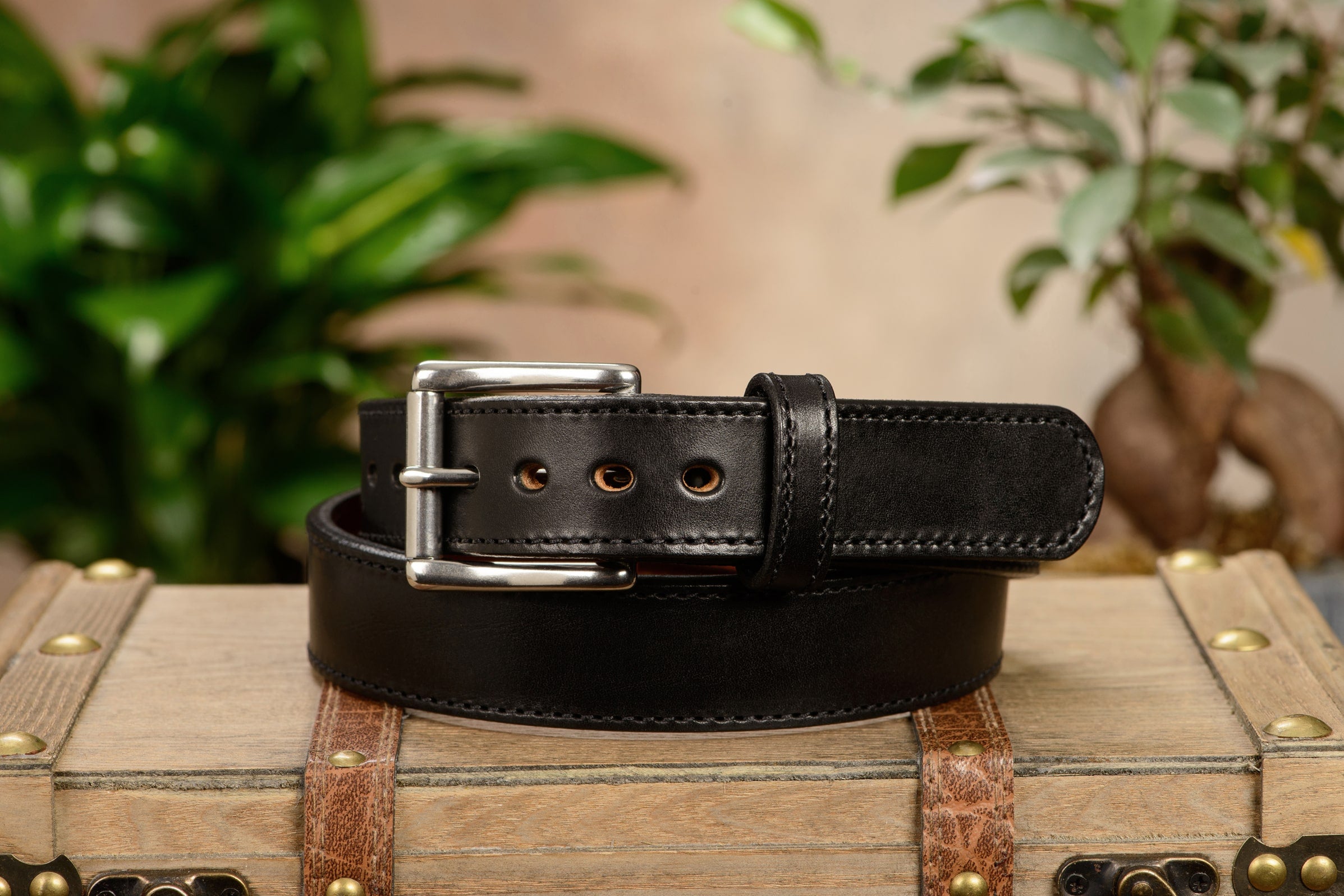 The Norris: Men's Black Stitched Leather Belt With Steel Core Max Thic