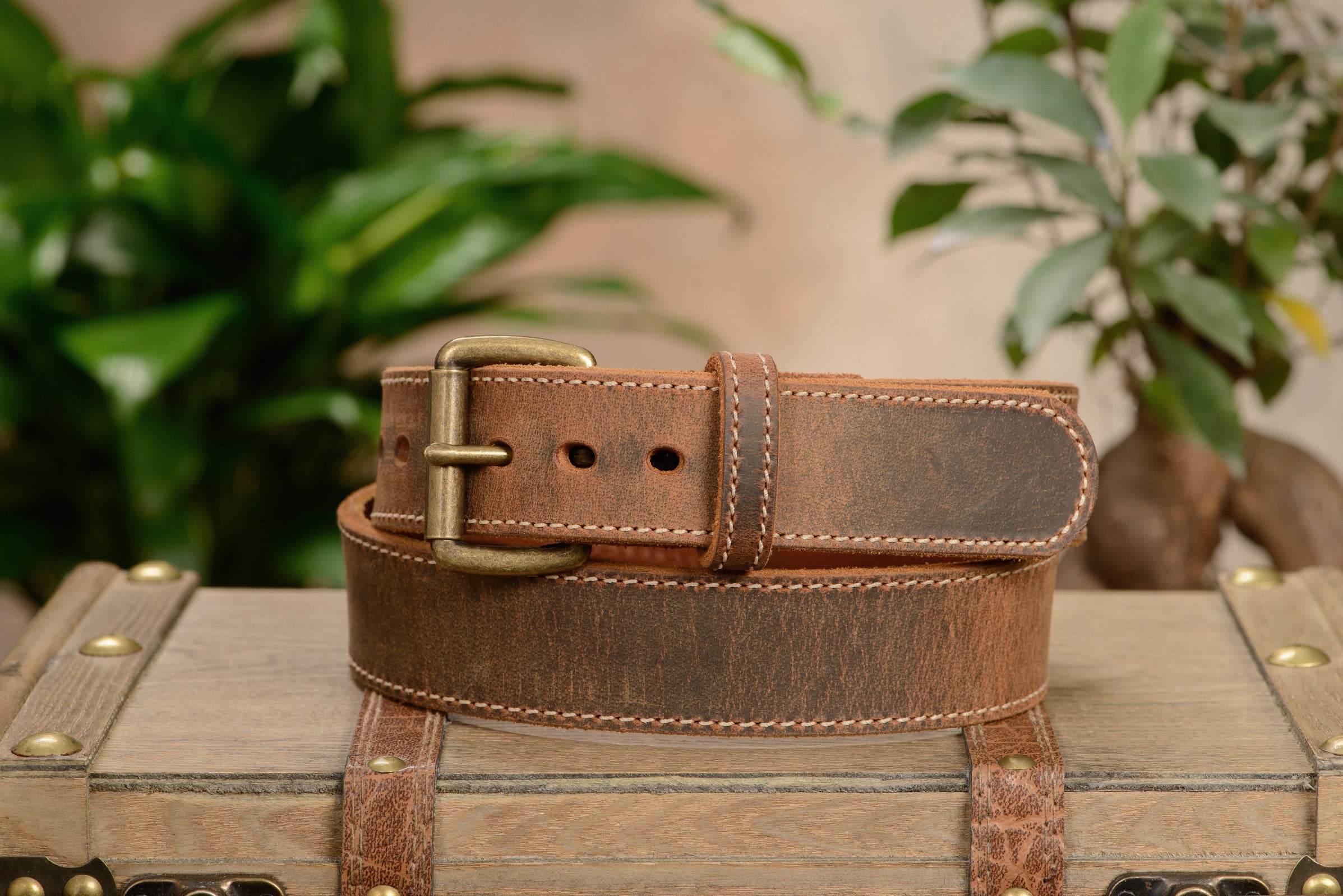 The Crazy Horse: Men's Rustic Brown Stitched Leather Belt Max Thick 1 ...
