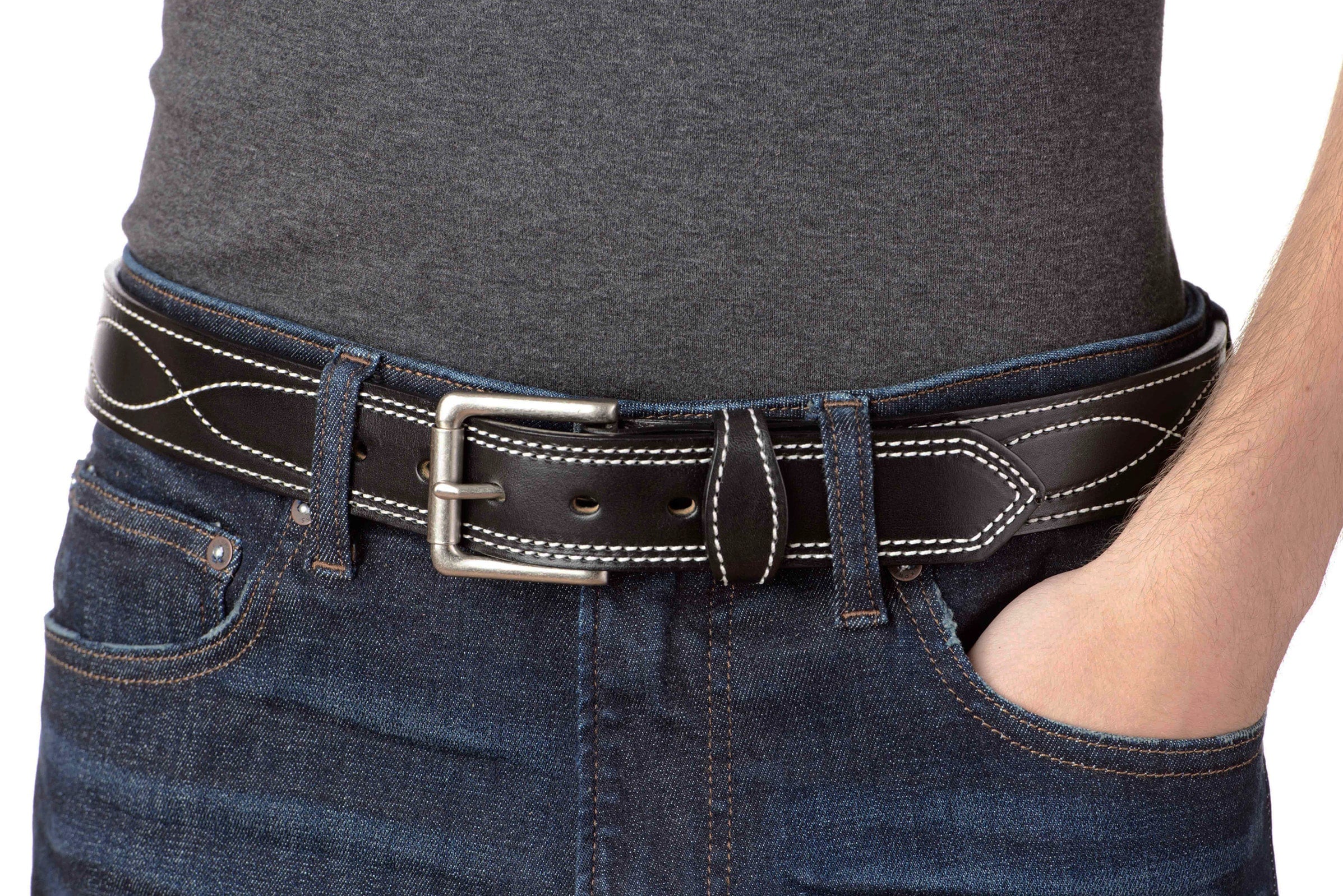 The Maverick: Men's Black Figure 8 Stitched Leather Belt With White Th ...