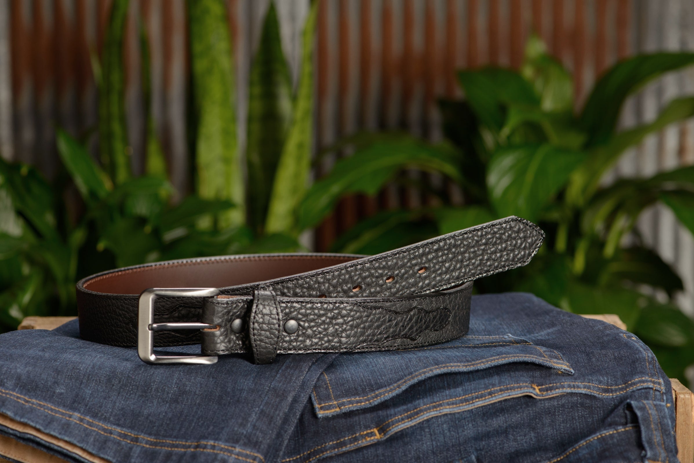 Black Shrunken Bison Belt with Scalloped Tabs - Unique & Rugged