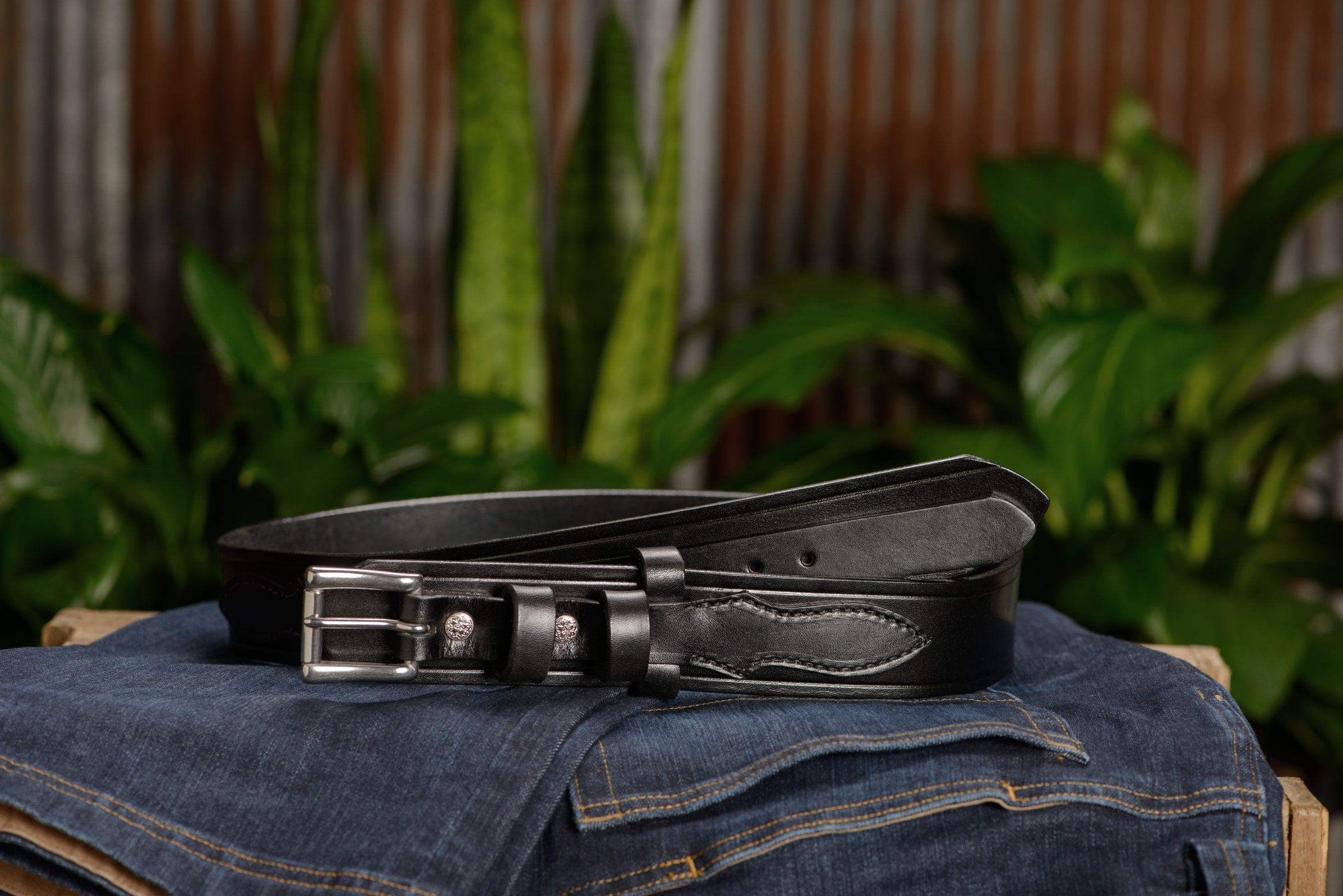 Mens Black Leather Ranger Belt with Creased Accent 1.75 ...