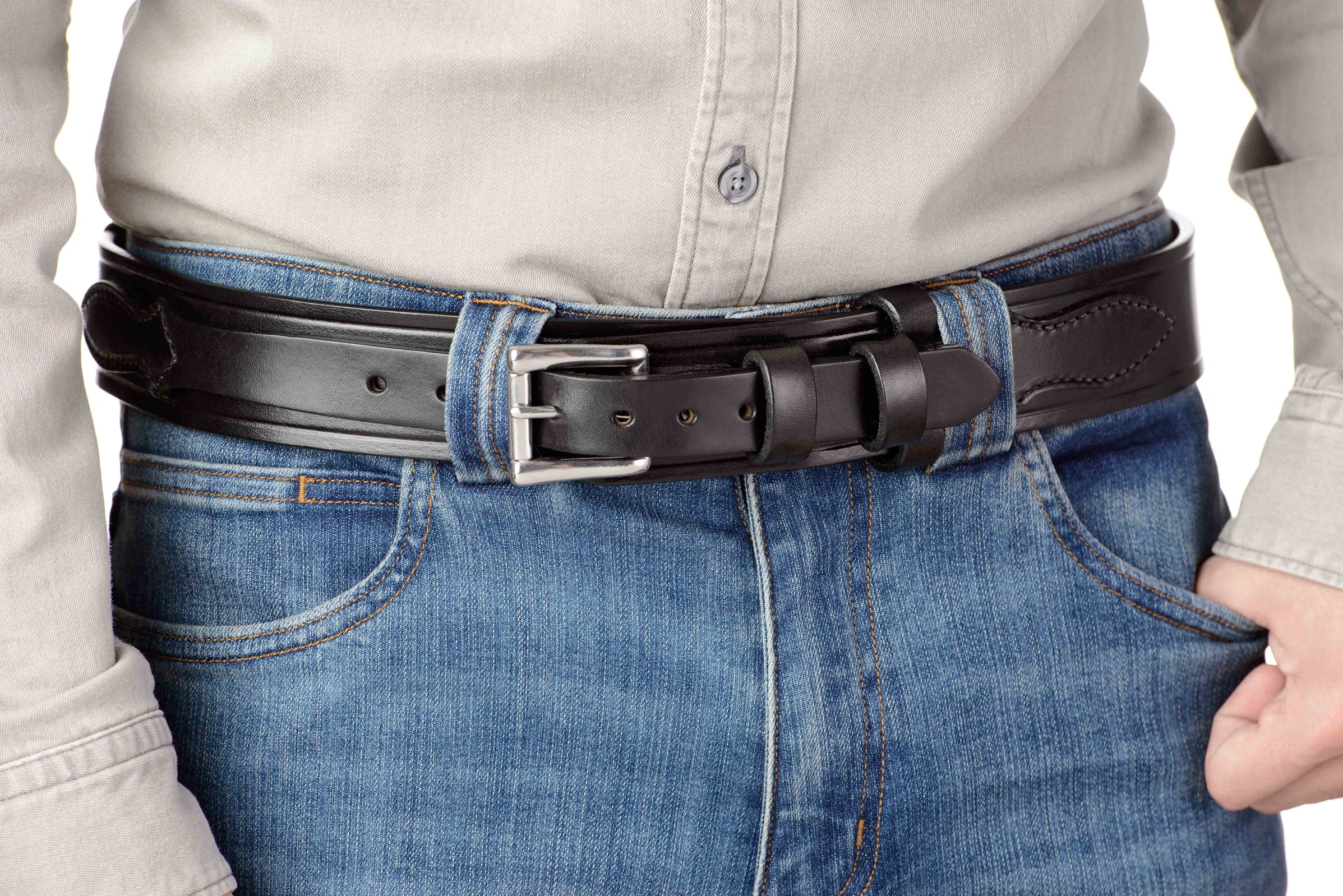 Mens Black Leather Ranger Belt with Creased Accent 1.75 ...