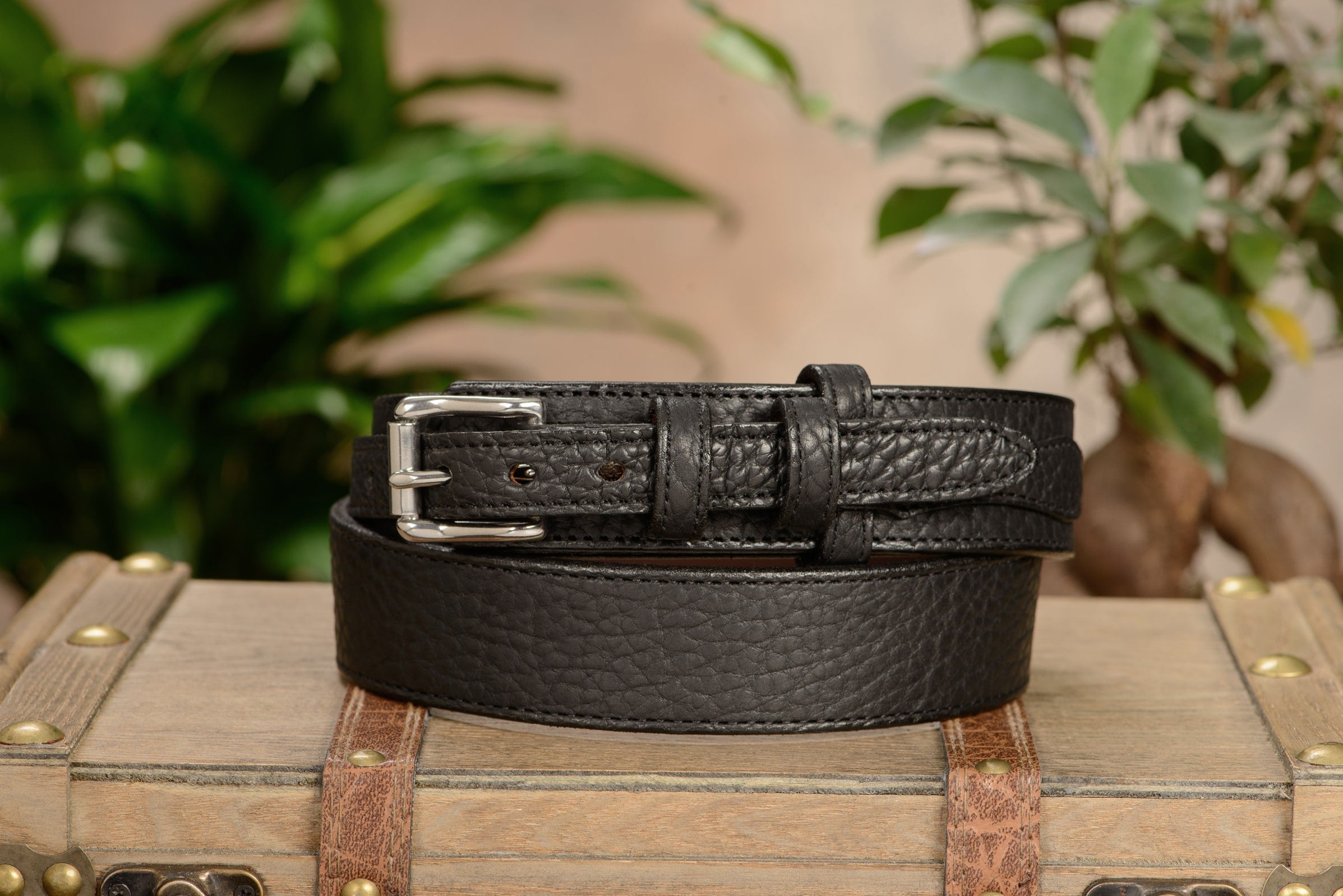 Men's Black Stitched American Bison Leather Belt - The Forester 1.50 ...