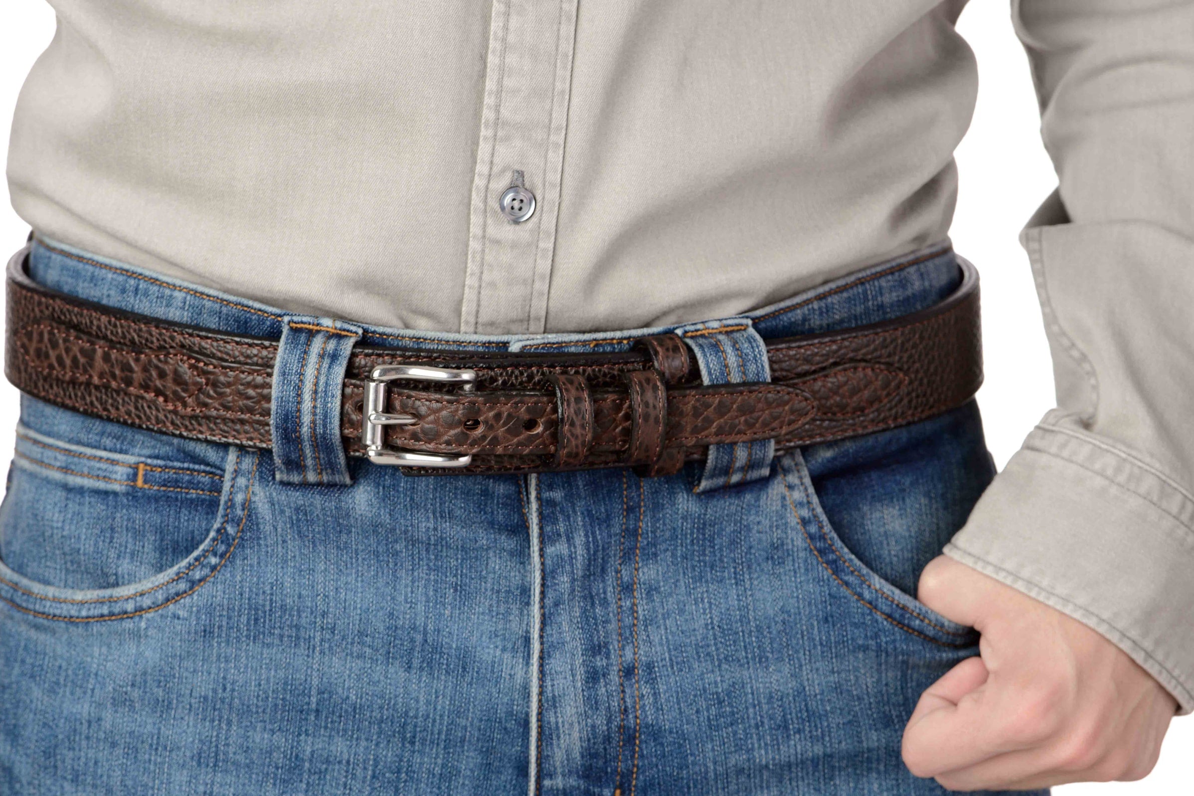 Men's Brown Stitched American Bison Ranger Leather Belt - The Forester