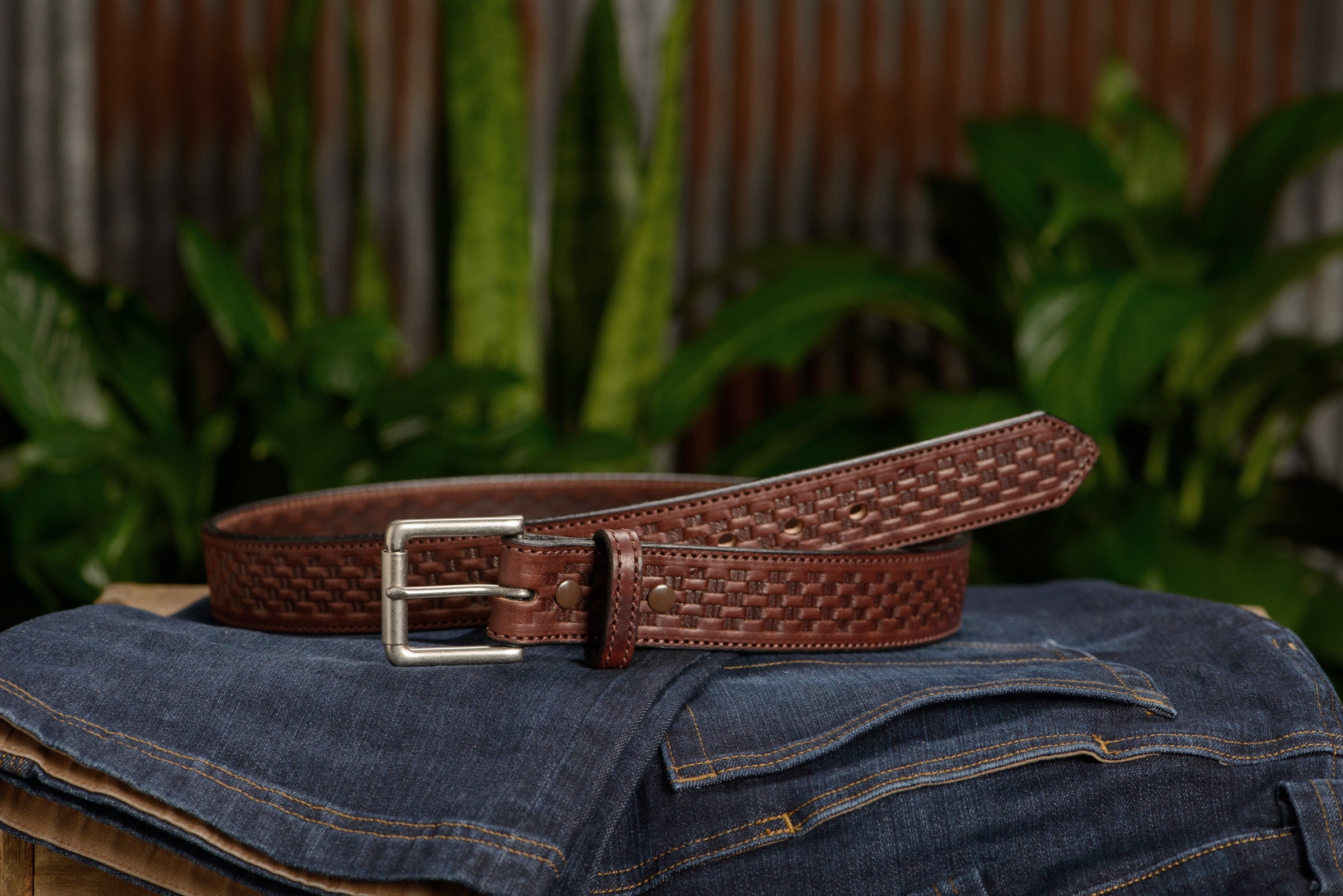 Men's Brown Stitched Basket Weave Leather Belt - The Maverick 1.50 ...