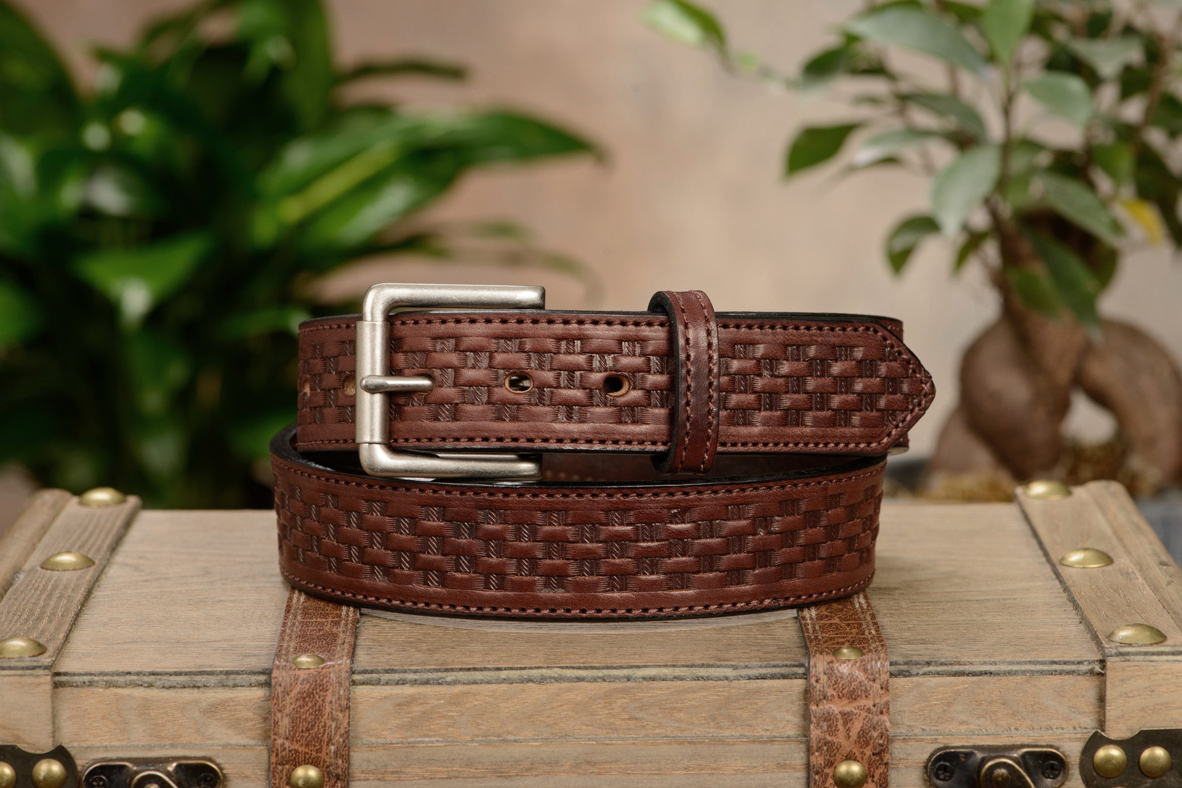 Men's Brown Stitched Basket Weave Leather Belt - The Maverick 1.50 ...