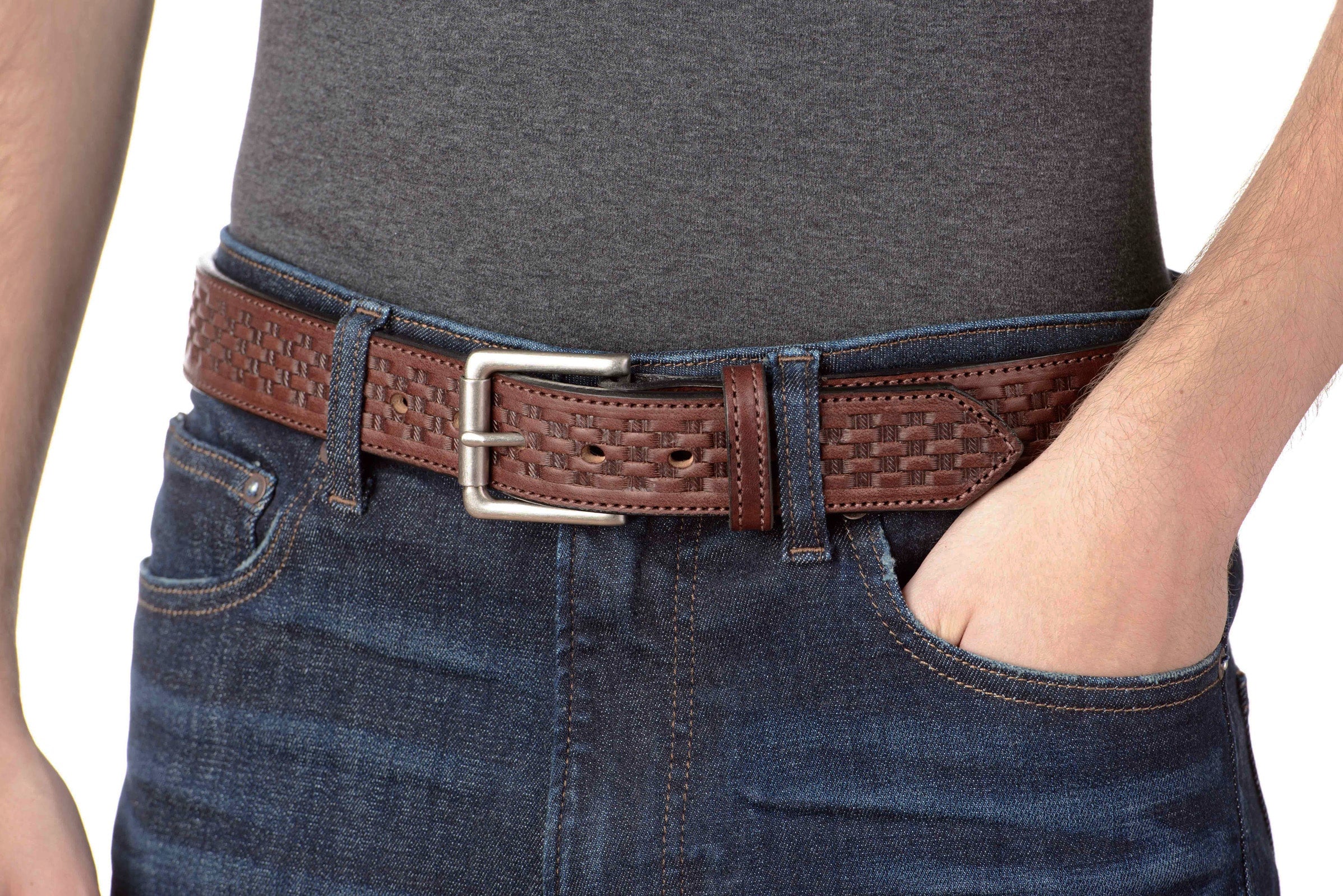 Men's Brown Stitched Basket Weave Leather Belt - The Maverick 1.50 ...