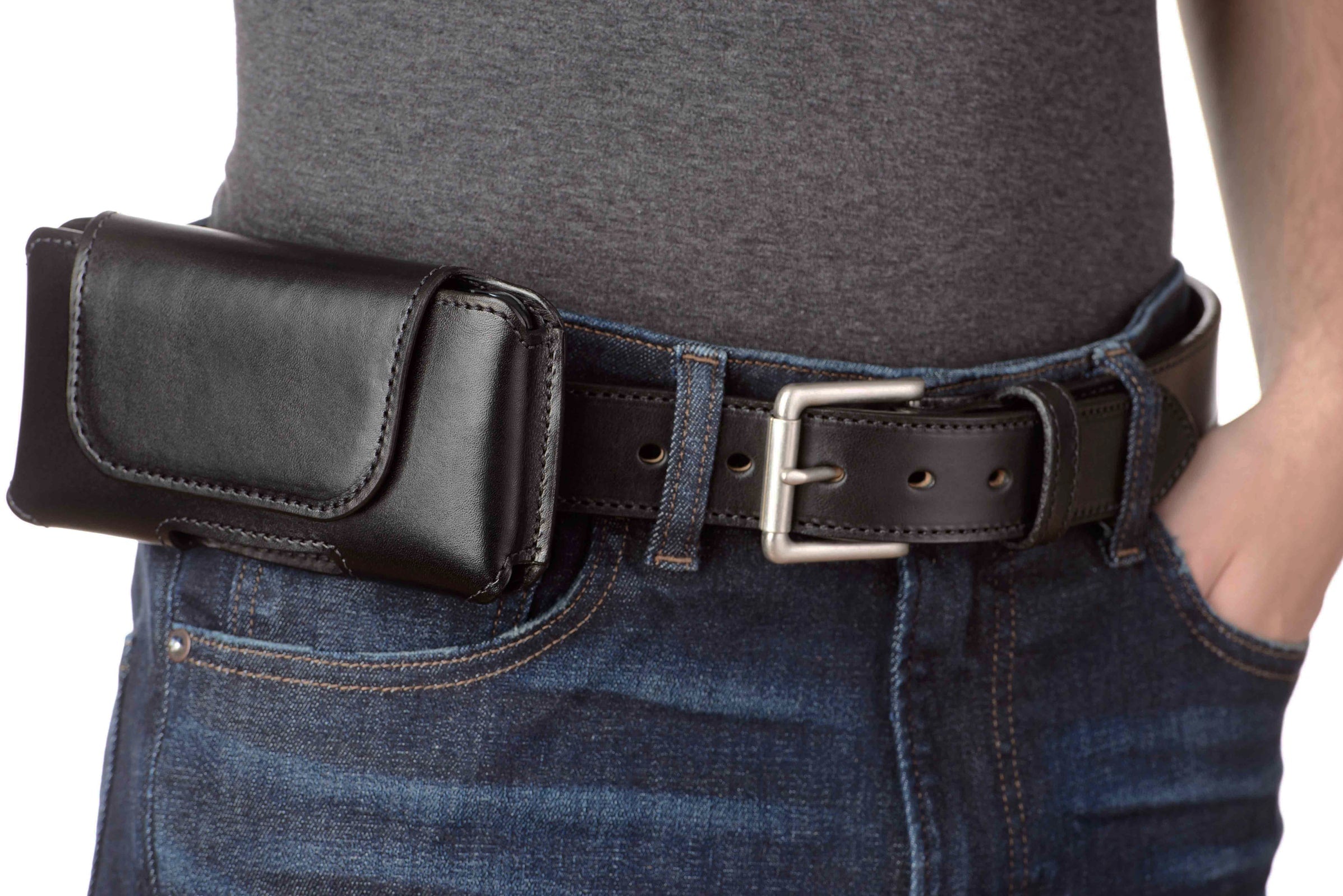Black Leather Horizontal Deluxe Cellphone Holster Case