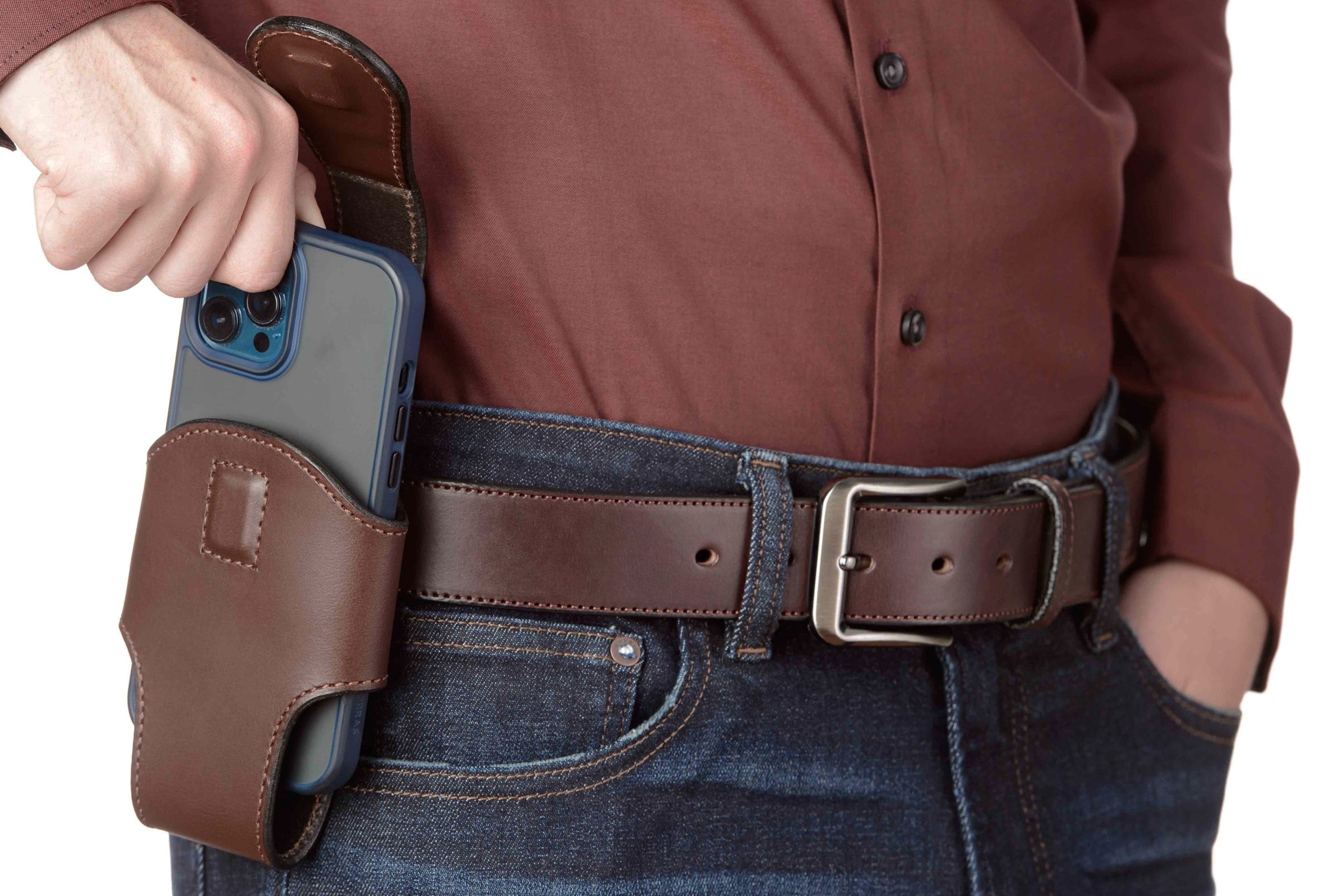 Men's Brown Leather Vertical Cellphone Holster Case– AmishMadeBelts.com